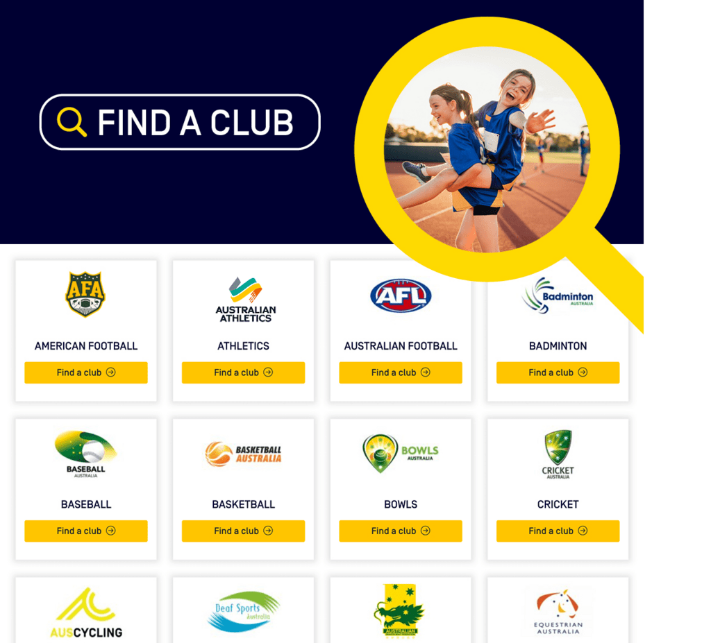 website showing 'find a club' information